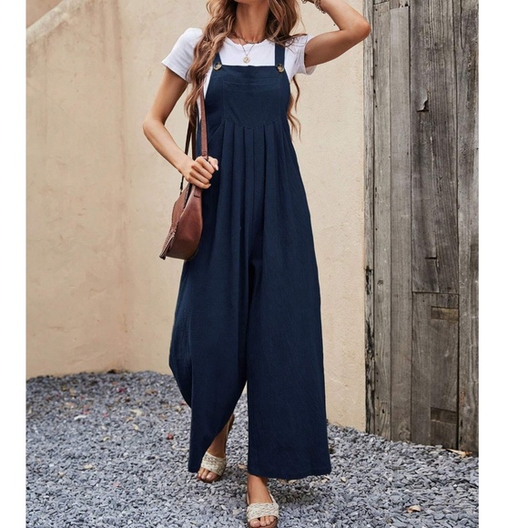 Pants & Jumpsuits | Pleated Wide Leg Pockets Cotton Jumper Jumpsuit ...